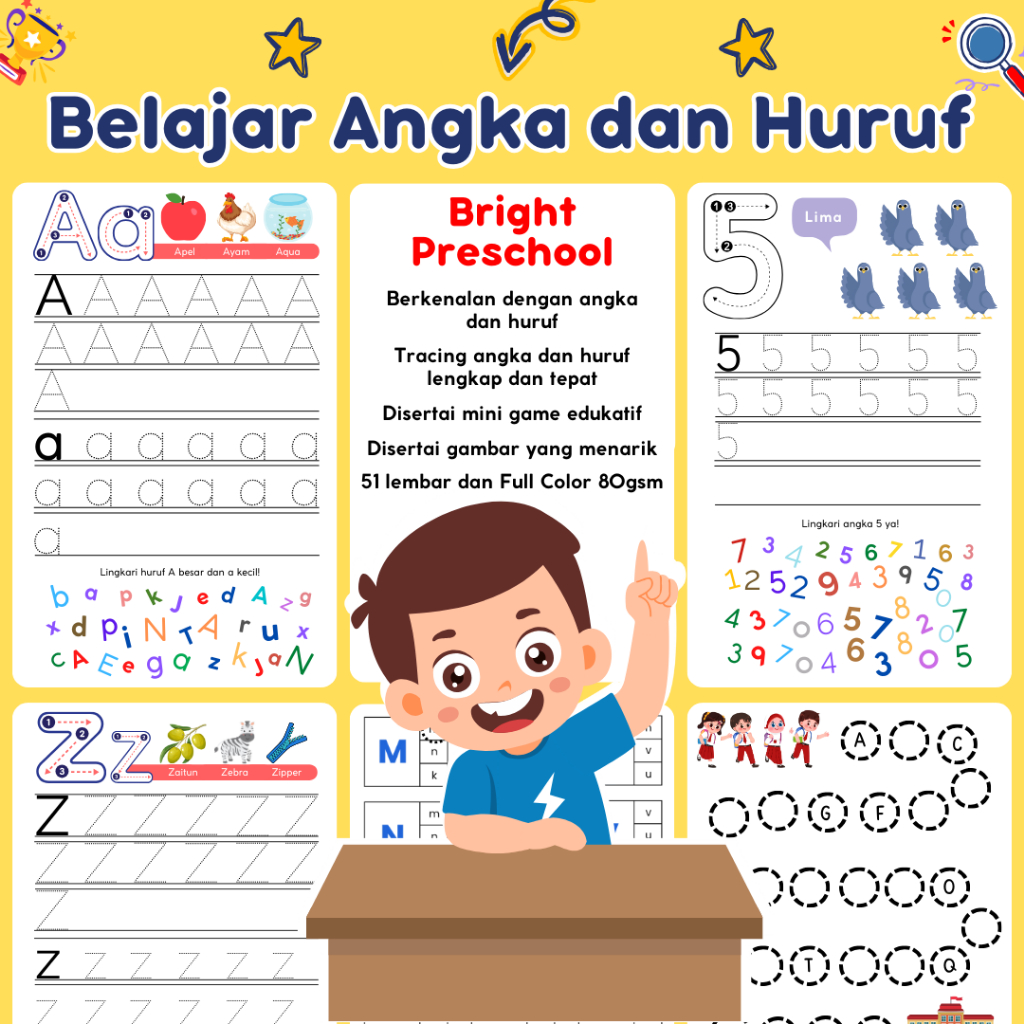 Jual Bright Preschool 51 Lembar Kertas Belajar Menulis Angka dan Huruf ...