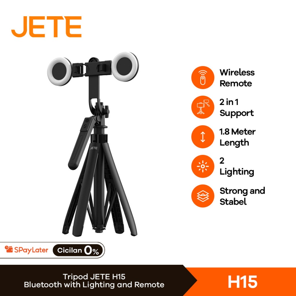 Jual JETE Tripod Bluetooth H15 Portable Tongsis Selfie Stick 1.8m With ...