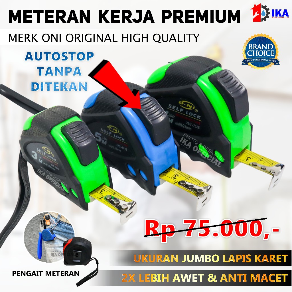 Jual Roll Meter Karet Ketupat ONI SELFLOCK 3 5 7,5 10 Mtr - Meteran ...
