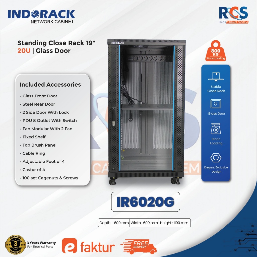 Jual Indorack IR6020G Standing Close Rack 20U Depth 600mm Glass Door ...