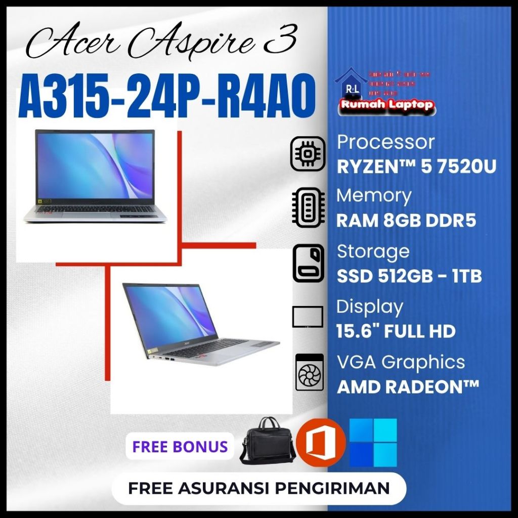 Jual Promo Laptop Acer Aspire 3 A315-24p-R4A0 Ryzen 5 7520U Ram 8Gb Ssd 1Tb 15.6" Full Hd Vga ...