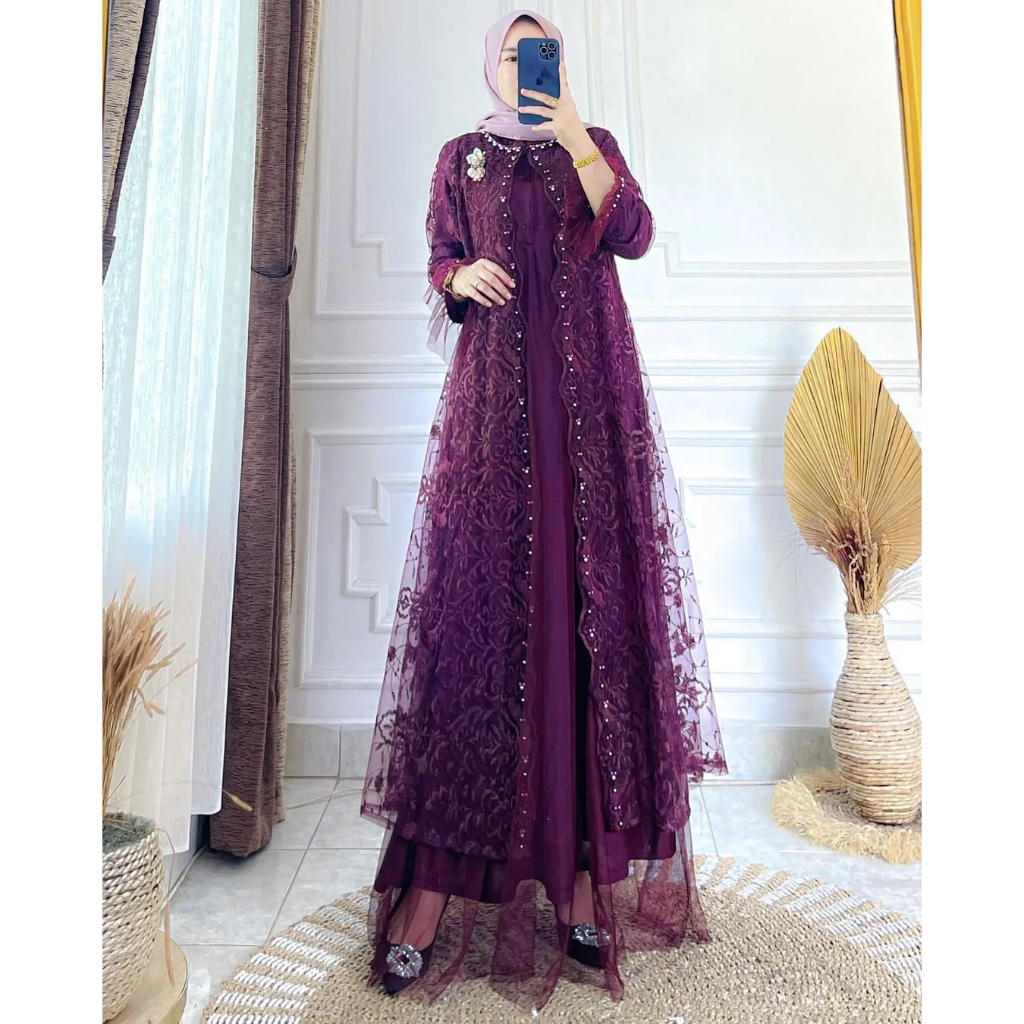 Jual Gamis Brokat Burgundy Lidyaa Dress Gamis Burgundy Terbaru 2025 Bahan Gamis Brokat Tile ...