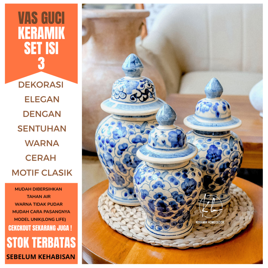 Jual VAS MEJA PAJANGAN GUCI KERAMIK SET ISI 3,HIASAN RUANG TAMU CANTIK ...