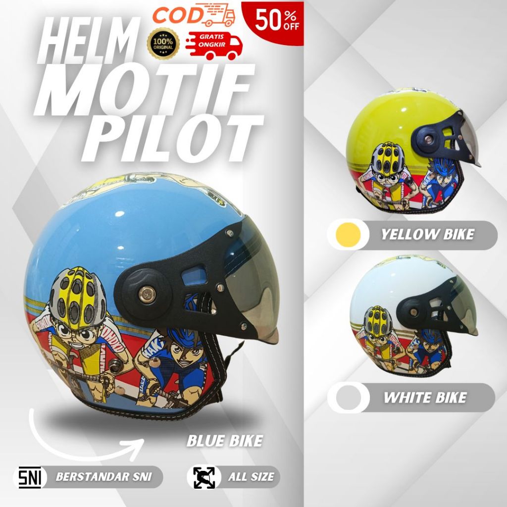 Jual HELM Bogo Dewasa Half Face Pilot Motif Kabuto biru SNI HDS Helmet ...