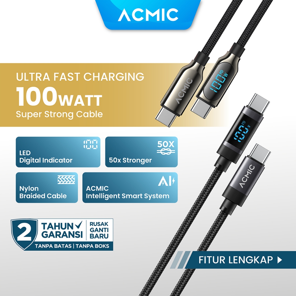 Jual ACMIC DIGILINE Kabel USB-C to USB-C 100W PD Fast Charging LED ...