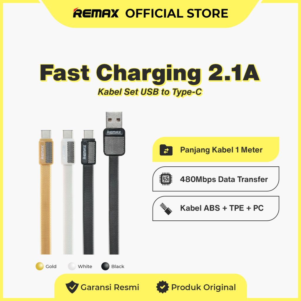 Jual Remax Data Cable For Type-C TPE+ABS+PC Material 2,1Ampere 1M RC-044a | Shopee Indonesia