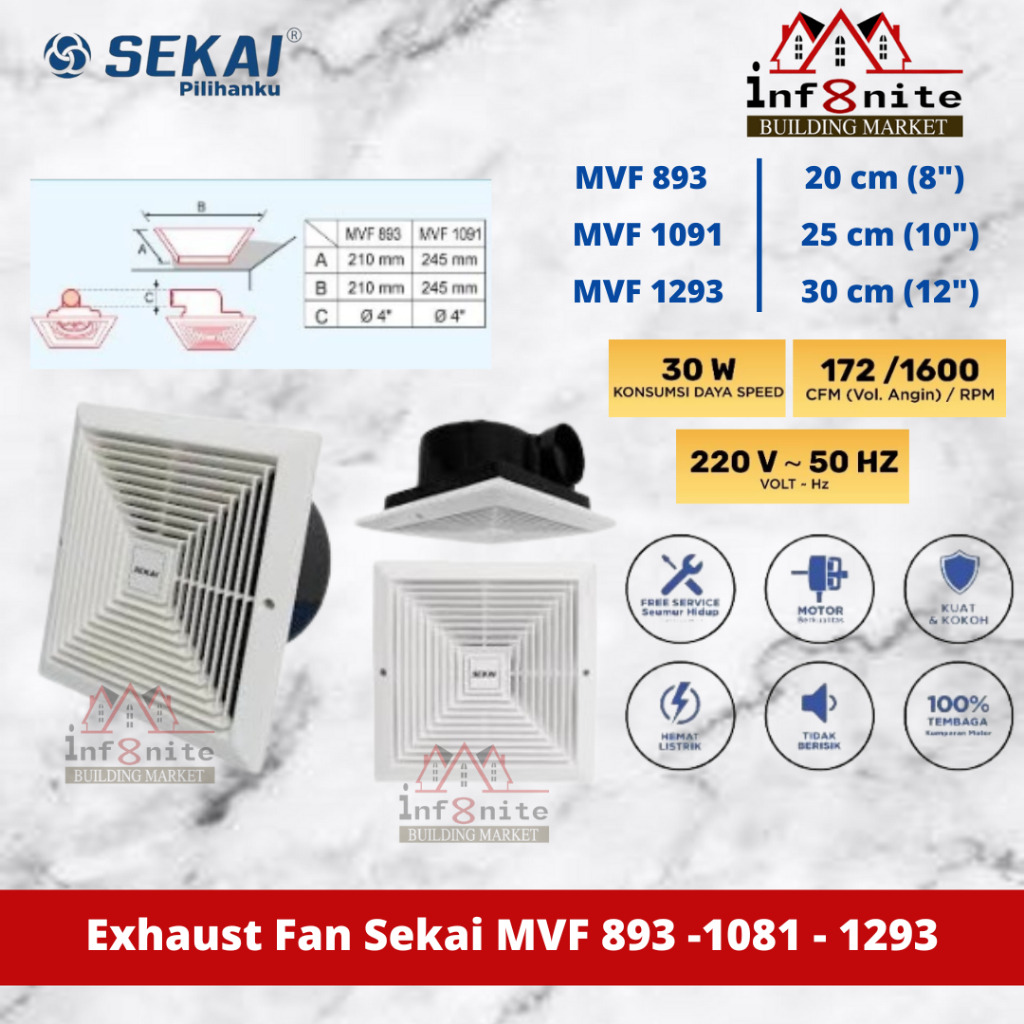 Jual Ducting Exhaust Fan Plafon Ceiling Sekai Penyedot Hexos WC Toilet 8 10 12 Inch MVF 893 MVF ...