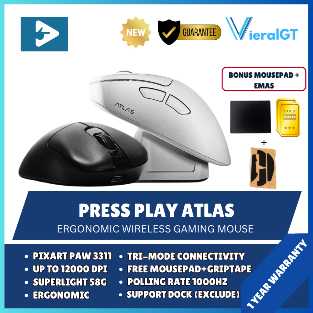 Jual Press Play Atlas Ergonomic Ultralight Wireless Mouse Gaming 3in1 ...