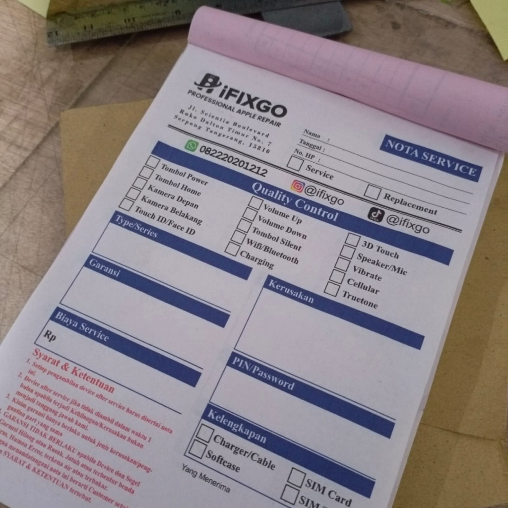 Jual Nota servis hp ukuran 1/4 folio 10 x 16cm 1ply 2ply 3ply kertas ...