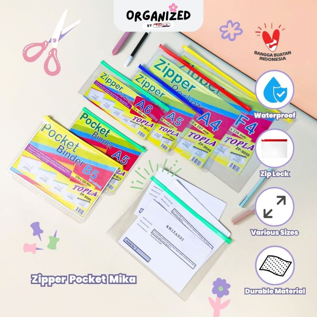Jual Topla zipper Pocket Mika pouch ziplock alat tulis make up aksesoris ukuran A6 A5 B5 A4 F4 ...