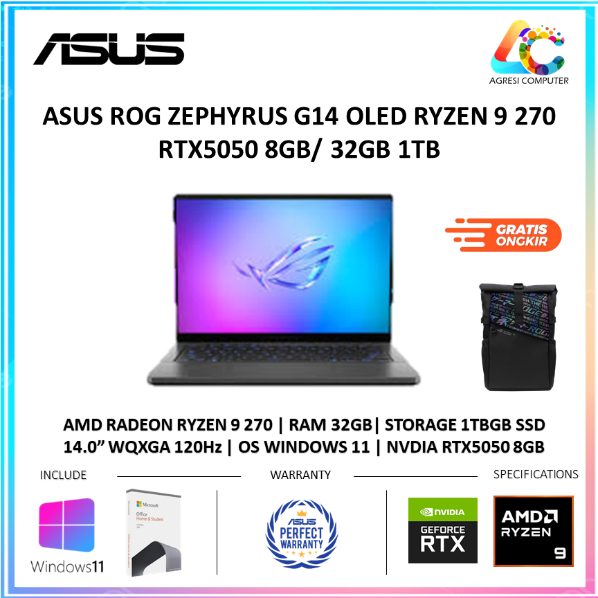 Jual Asus ROG Zephyrus G14 GA403UH Ryzen 9 270 RTX5050 32Gb 1Tb 14" WQXGA OLED 120Hz | Shopee ...