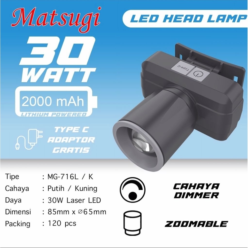 Jual MATSUGI Senter Kepala Zoom Led MG-716L Zoom Head Lamp Light MG 716L 30Watt Nyala Putih ...