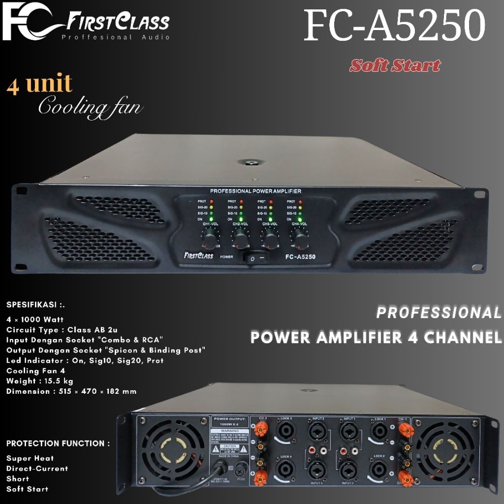 Jual POWER AMPLIFIER FRISTCLASS FC-A5250 PROFESIONAL POWER AMPLI 4 CHANNEL CLASS AB 2U FCA5250 ...
