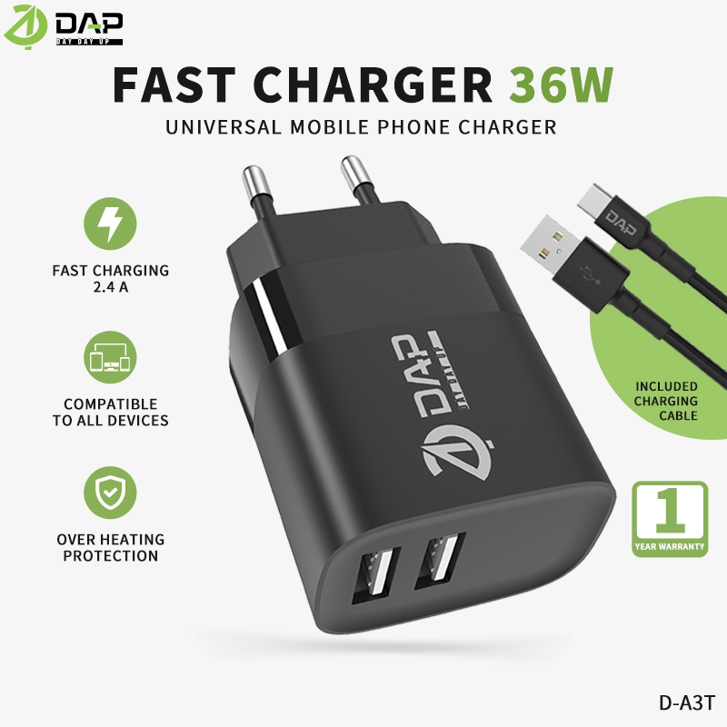 Jual DAP Charger 36 Watt Dual Port USB 2.4A Include Cable USB to Type C ...