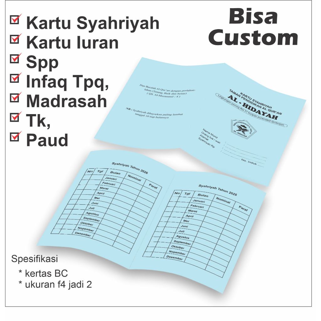 Jual Kartu Syahriyah/Kartu Iuran/SPP/Infaq TPQ, Madrasah, TK, PAUD ...