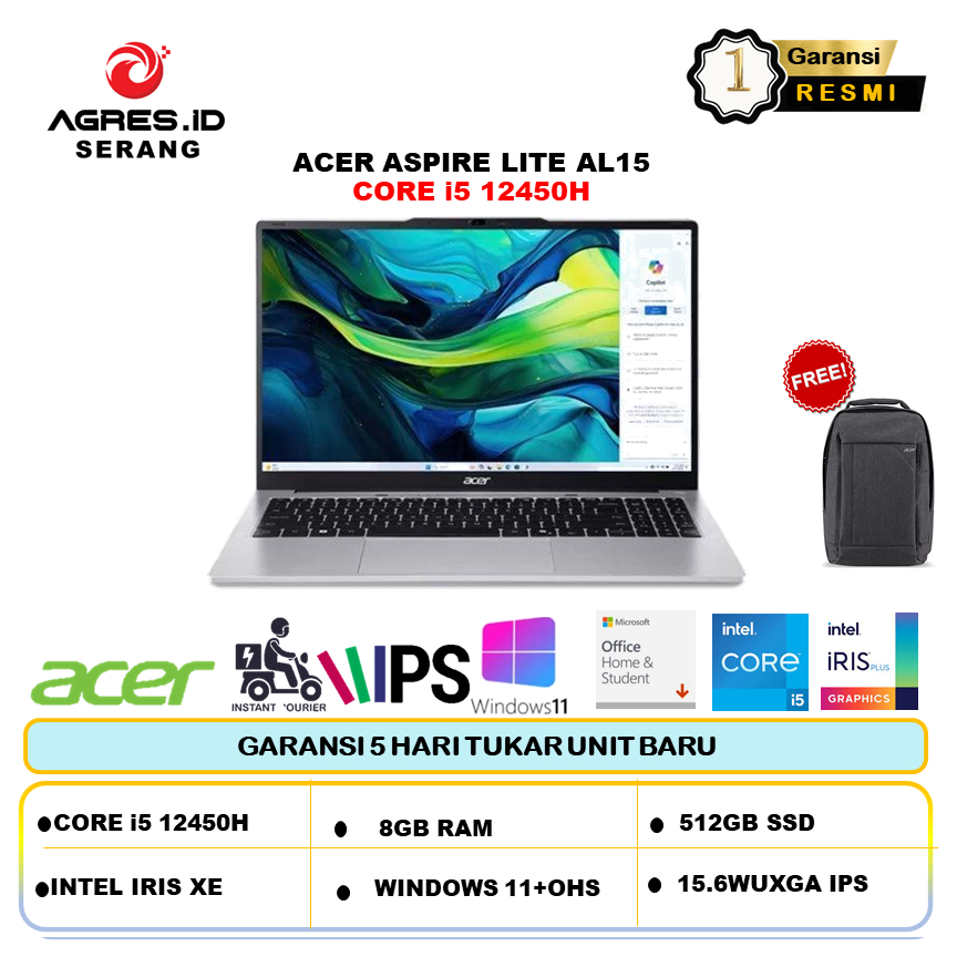 Jual ACER ASPIRE LITE AL15 15 I5 12450H 8GB 512GB W11+OHS+M365B 15.6WUXGA IPS Garansi Resmi ...