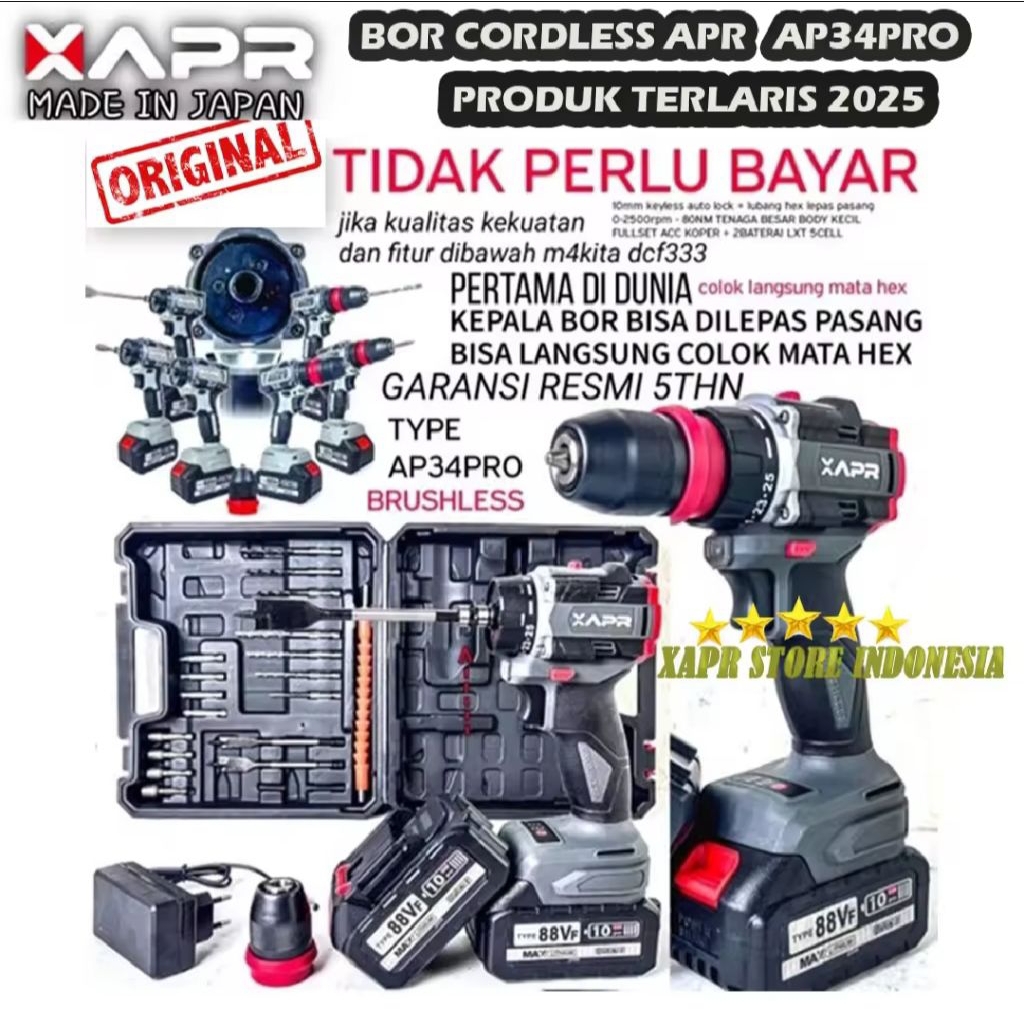 Jual APR raja bor cordless type AP34 PRO mesin bor baterai drill impact ...