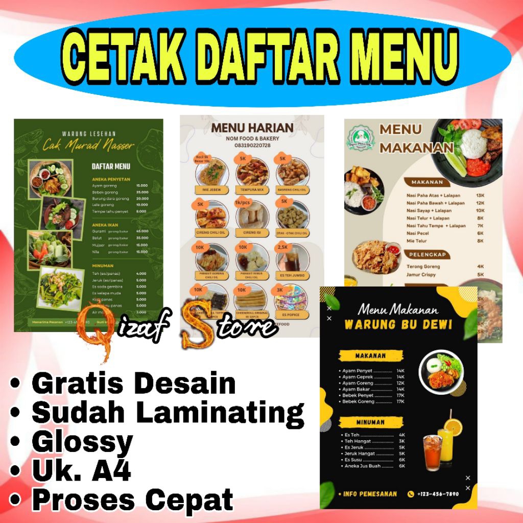 Jual Cetak Daftar Menu A4+ LAMINATING | Shopee Indonesia
