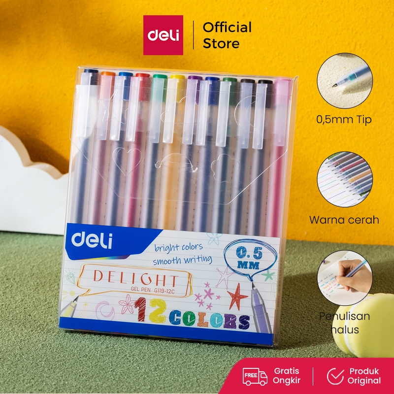 Jual Deli School Gel Pen / Pulpen Gel 0.5 mm 12 Warna Penulisan Halus ...