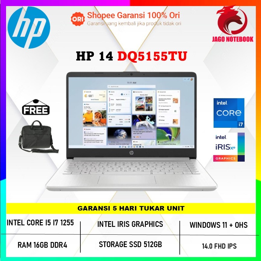 Jual HP 14 I7 1255 16GB 512GB W11 OHS 14.0FHD IPS BLIT 2Y SLV -DQ5155TU ...