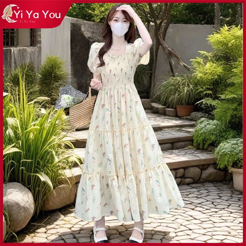 Jual Dress Bunga Vintage Floral Puff Sleeve Dress Ruffle Tiered Midi ...