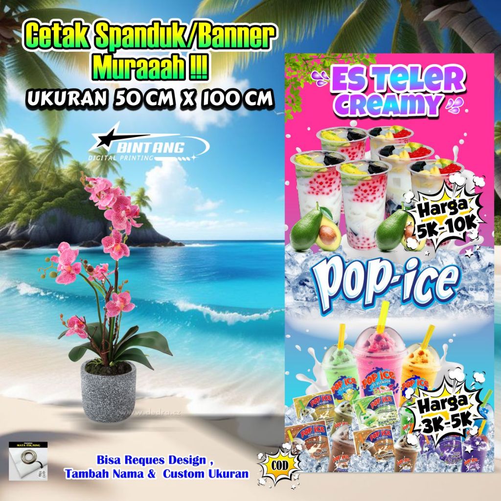 Jual Spanduk Banner Pop Ice Boba & Es Teler Ukuran 50 Cm X 100 Cm ...