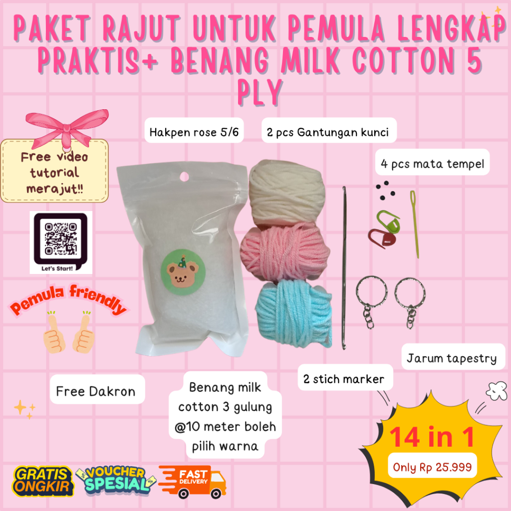 Jual [TERMURAH] PAKET ALAT RAJUT/STARTER KIT RAJUT/DIY MERAJUT 14 IN 1 ...