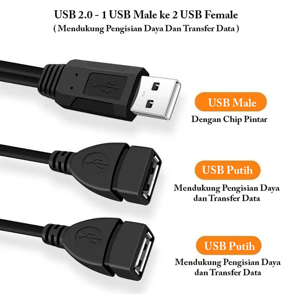 Jual USB 2.0 - 1 USB Male ke 2 USB Female untuk Pengisian Daya dan ...