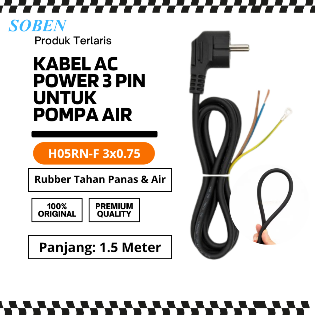 Jual SOBEN Kabel Power AC 3 Pin Rubber / Kabel Colokan Isi 3 Pompa Air ...