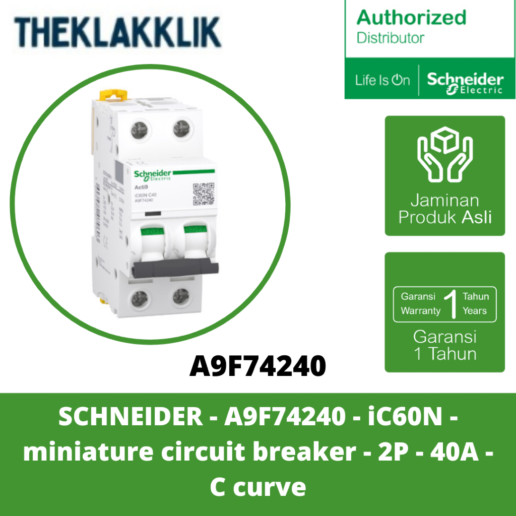 Jual SCHNEIDER - A9F74240 - iC60N - miniature circuit breaker - 2P - 40A - C curve | Shopee ...