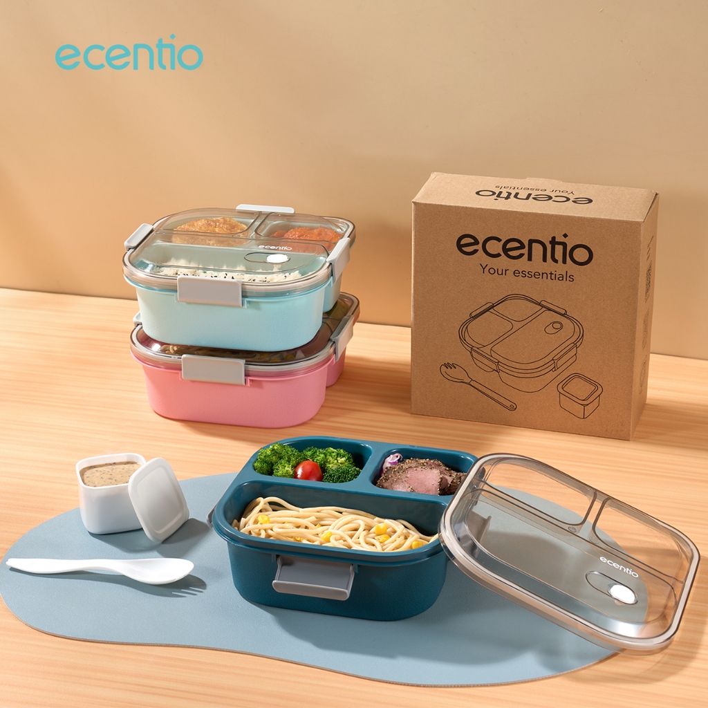 Jual 𝟭𝟬𝟬%𝗢𝗥𝗜 ecentio lunch box kotak bekal anti tumpah tumpah 3 grid 1100ml Kotak makan wadah ...