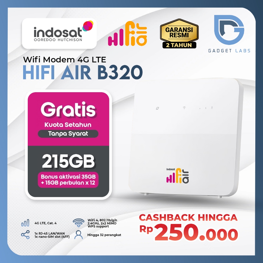 Jual Indosat HiFi Air Huawei B320 Modem Router Wifi 4G LTE Gratis Kuota 215GB - UNLOCK - Garansi ...
