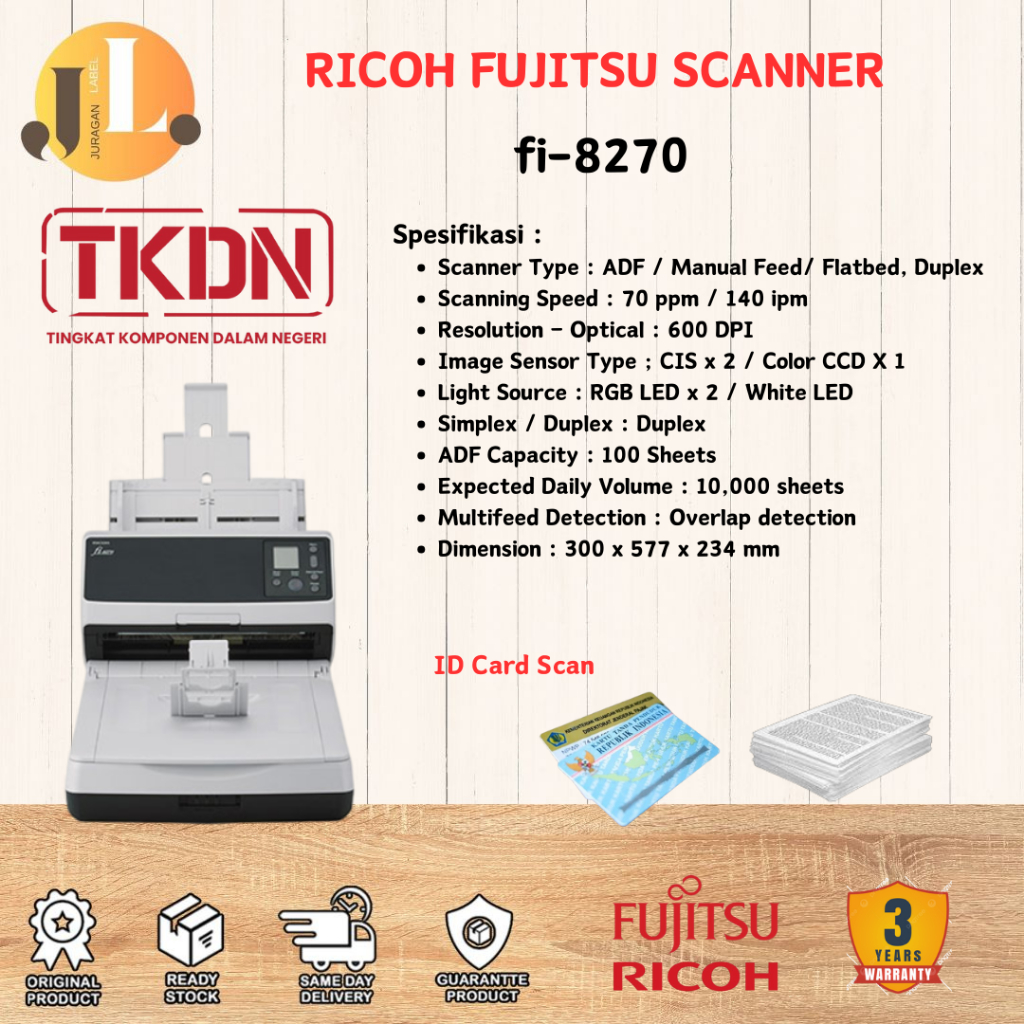 Jual Scanner TKDN RICOH fi-8270 Flatbed Scanner A4 70ppm 140ipm ADF CIS Duplex USB +LAN Network ...