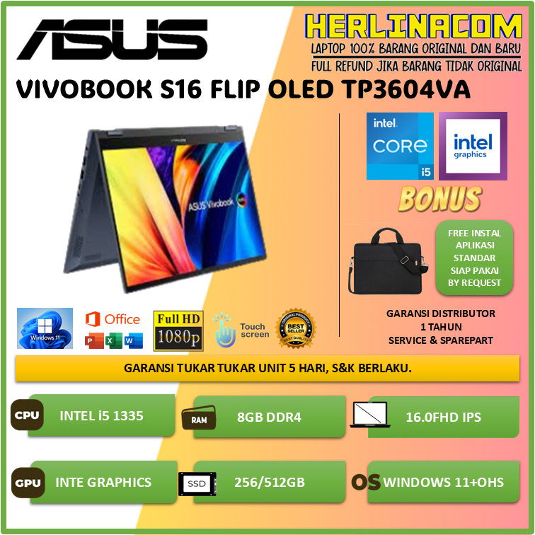 Jual ASUS VIVOBOOK S16 FLIP OLED TP3604VA TOUCH INTEL i5 1335 16GB ...