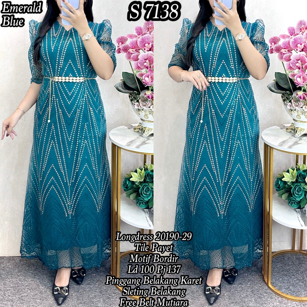 Jual S 7138 #Longdress Emerald Blue Tile Bordir Payet Free Belt Maxi ...