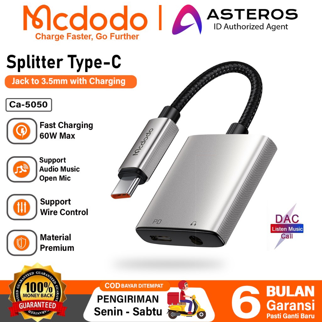 Jual MCDODO Converter Audio Splitter Type C to Jack 3.5mm + Charging ...