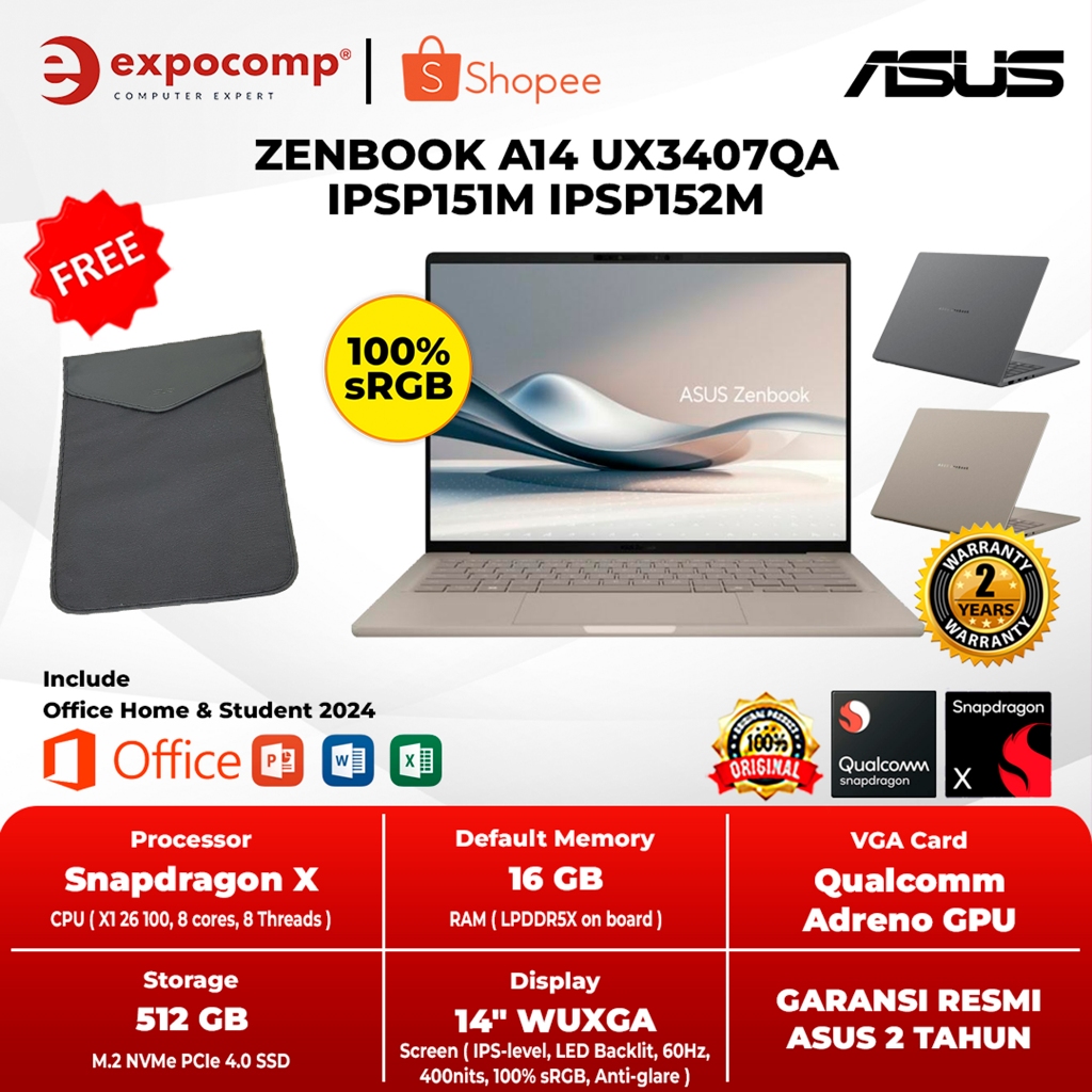 Jual ASUS ZENBOOK A14 UX3407QA IPSP151M IPSP152M GREY BEIGE SNAPDRAGON ...