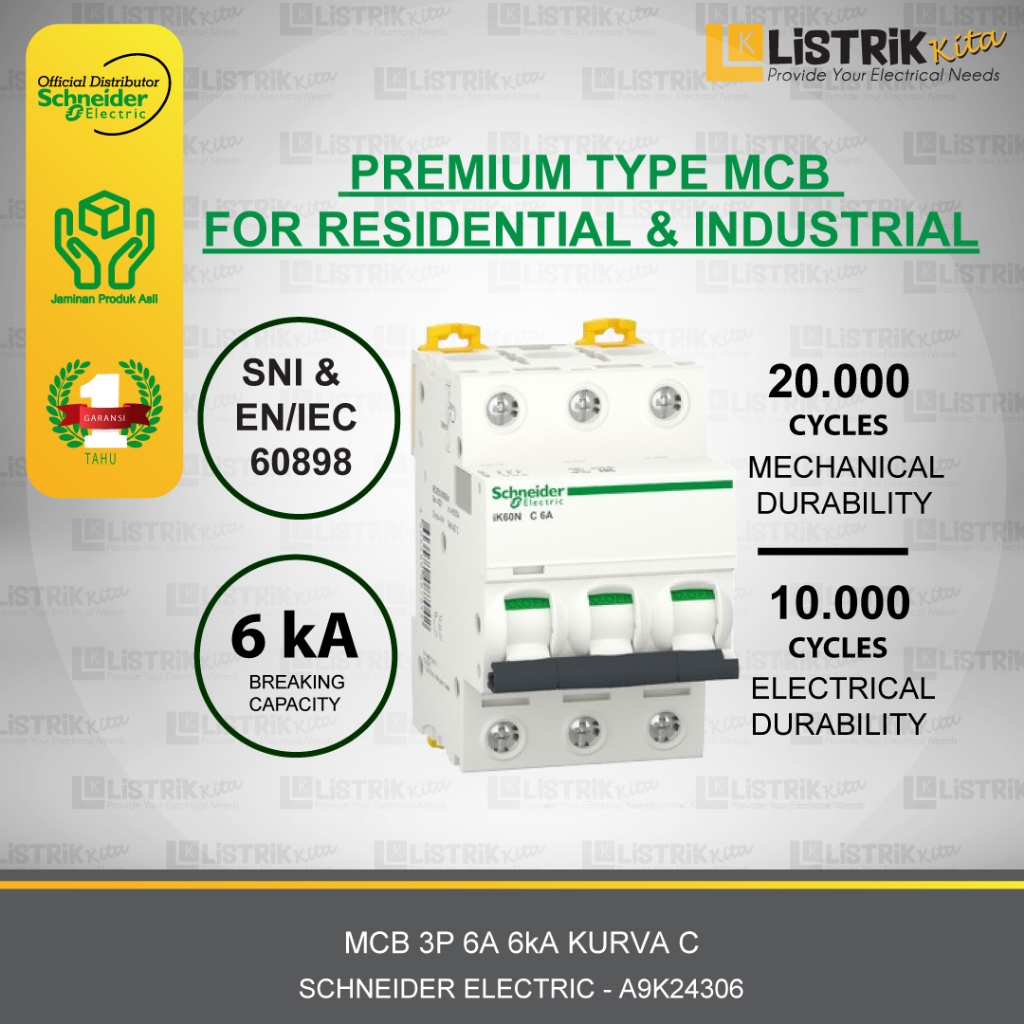 Jual MCB SCHNEIDER ELECTRIC ACTI9 iK60N 3P 6A 6kA KURVA C - A9K24306 ...