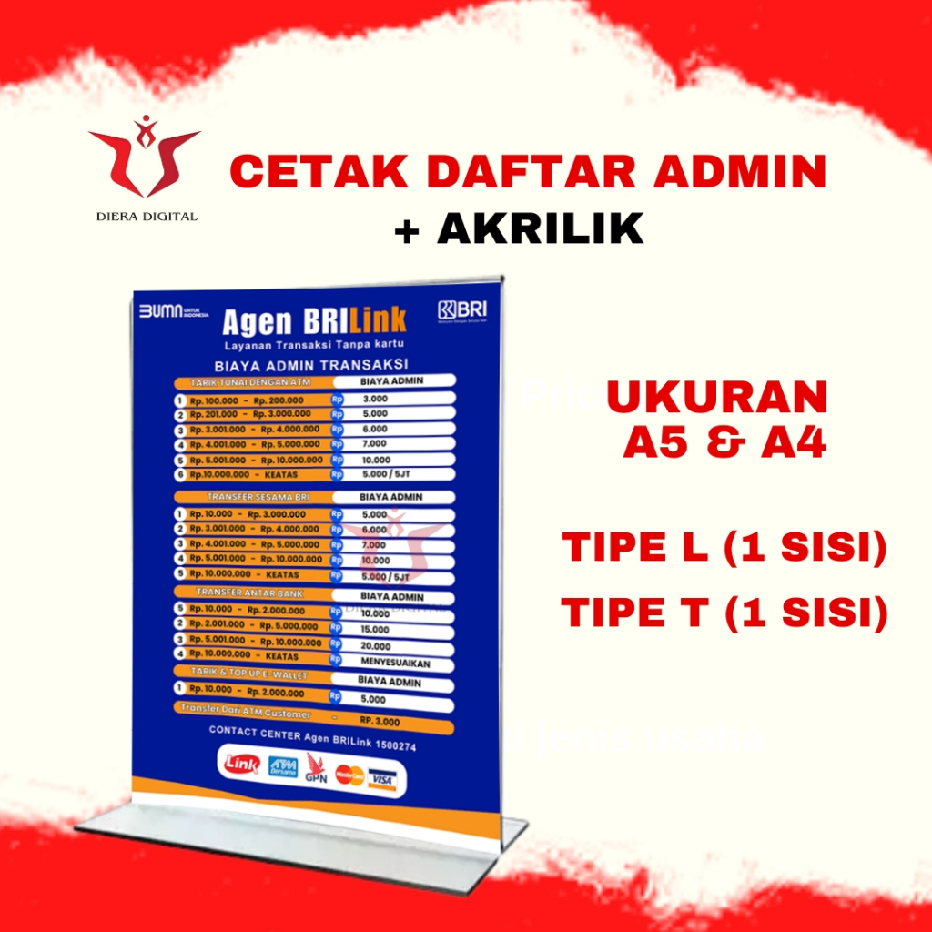Jual CETAK ADMIN TRANSFER AGEN BRI LINK + Akrilik Ukuran A5 & A4 Type T ...