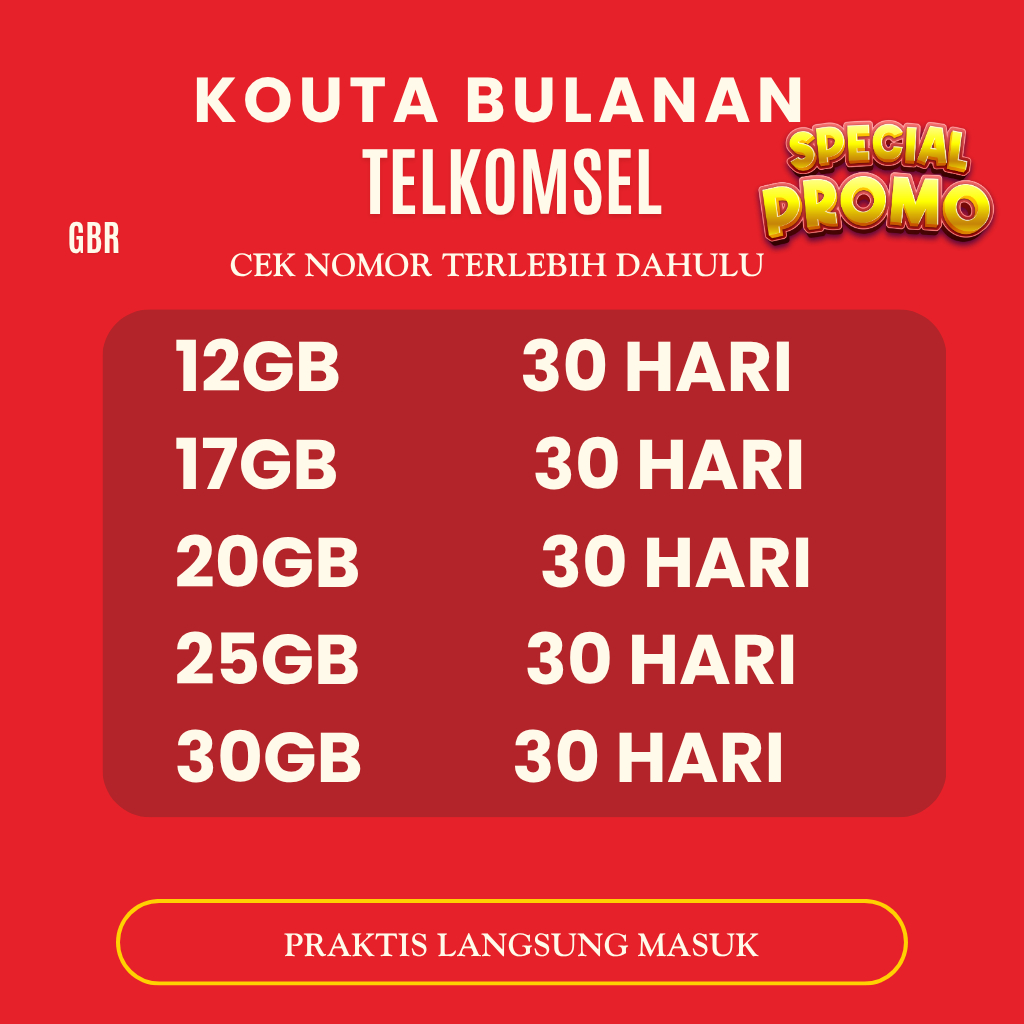 Jual Paket Data Kouta Bulanan Telkomsel Murah 12GB 17GB 20GB 18GB (CEK ...