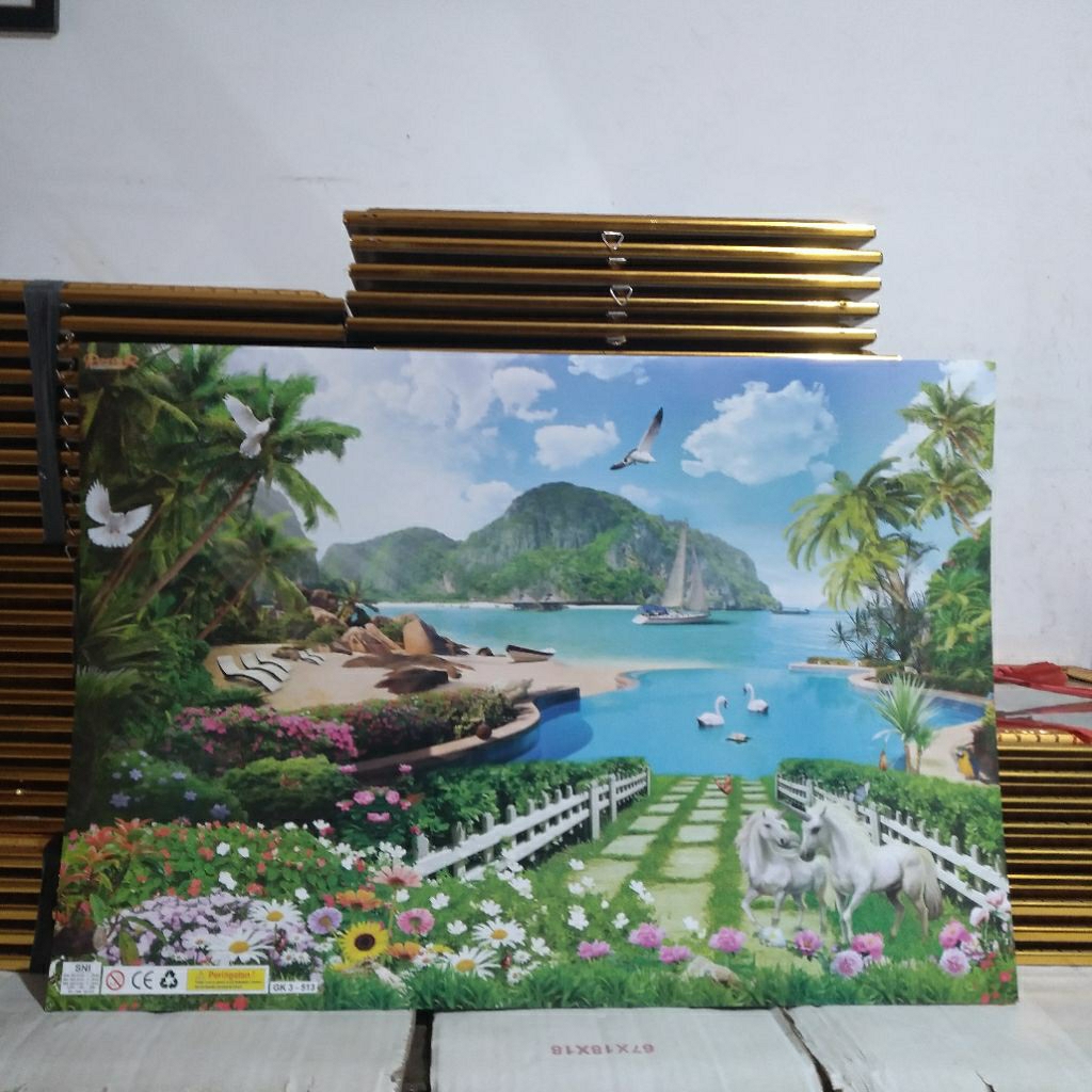 Jual Poster pemandangan alam sungai, gunung, kuda ukuran 35x50 cm ...