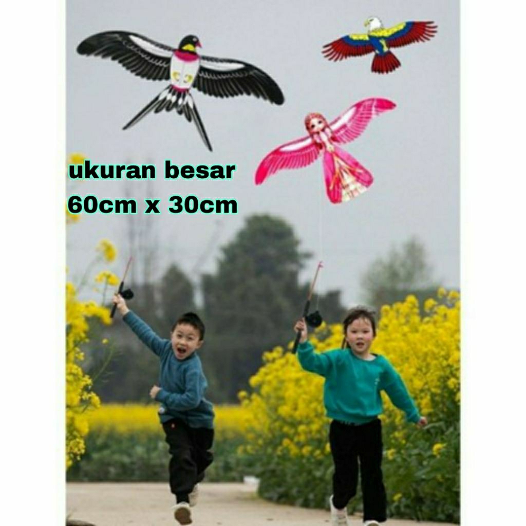 Jual Layangan Motif Burung Dan Kupu Kupu Ukuran 60Cm + 1 Set Joran ...