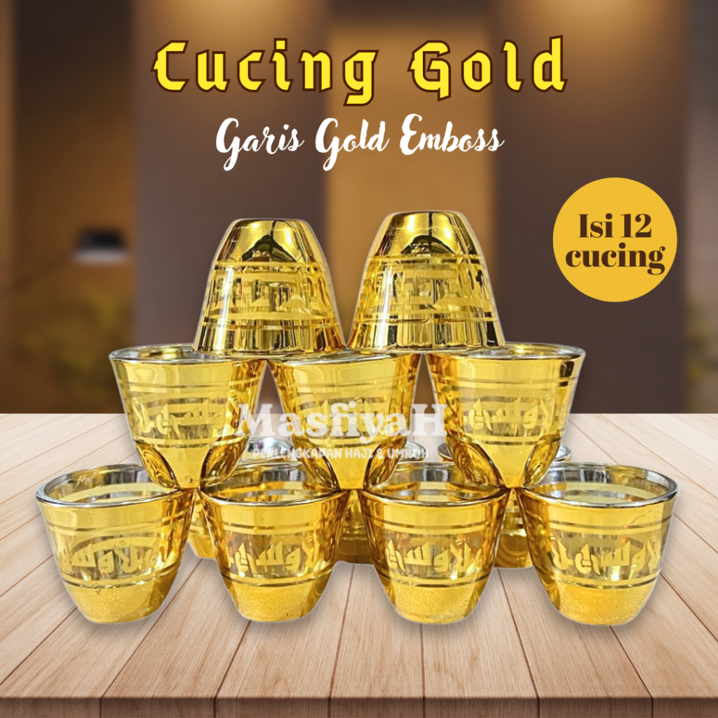 Jual Gelas Air Zamzam GOLD Kaca Set 12 pcs Cucing Kabah Cucing Motif ...