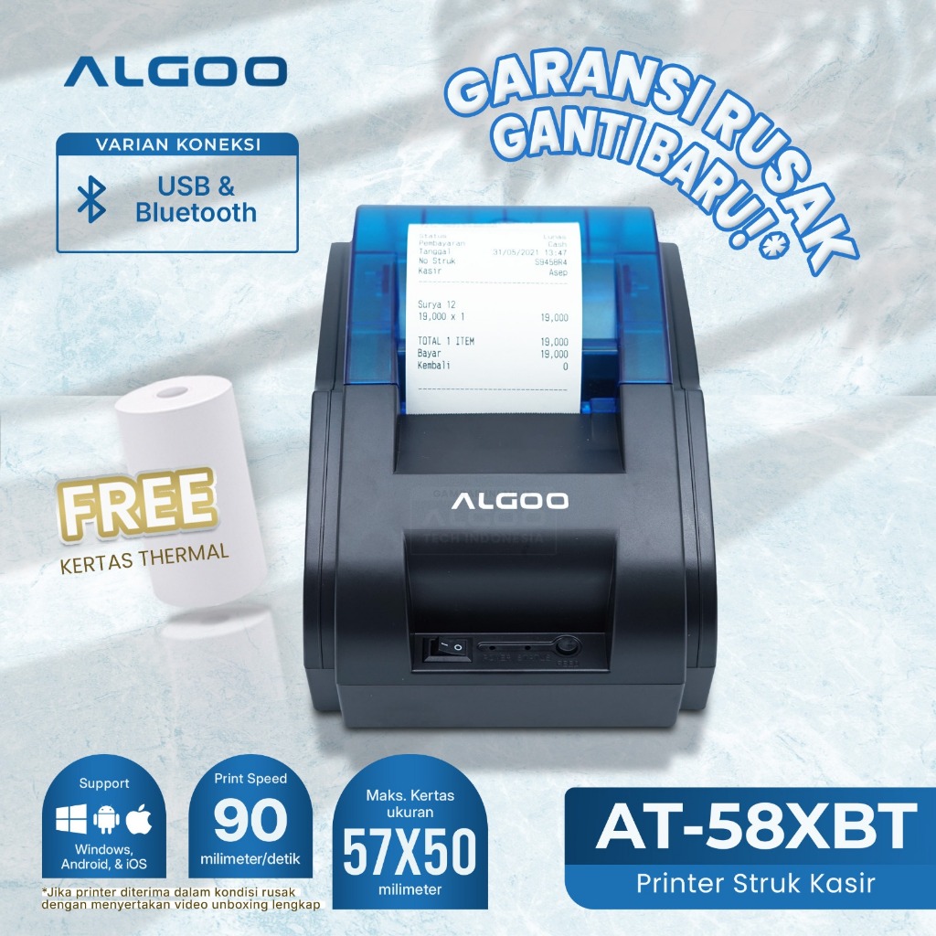 Jual ALGOO AT-58XBT Printer Thermal Struk Kasir Nota PPOB Bluetooth RJ ...