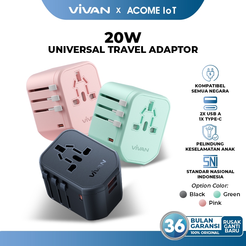 Jual VIVAN Travel Adaptor Universal 20W VPS-T003A Series Multi-country ...