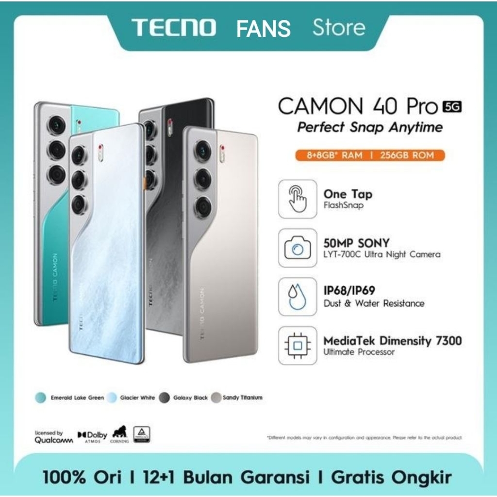 Jual TECNO CAMON 40 PRO 5G Camera Sony DXOMark Rangking Dimensity 7300 Curve Amoled Garansi ...