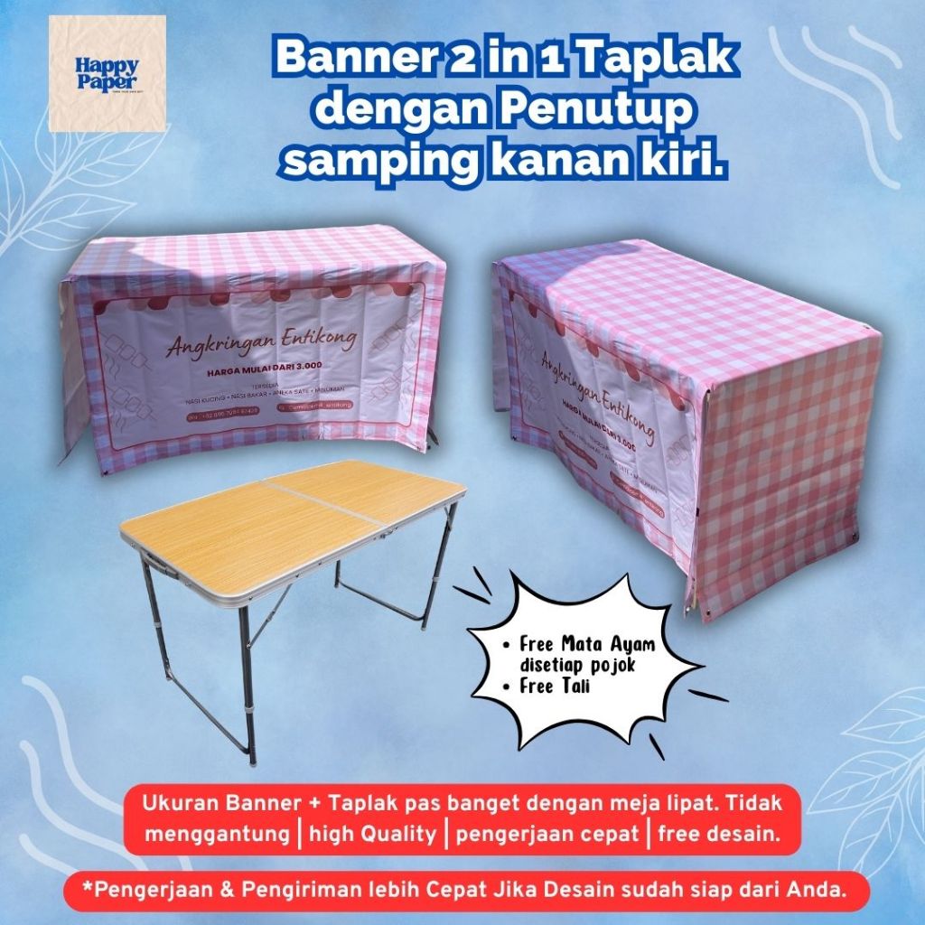 Jual banner taplak jualan 2 in 1 dengan tutup kanan kiri meja | banner ...
