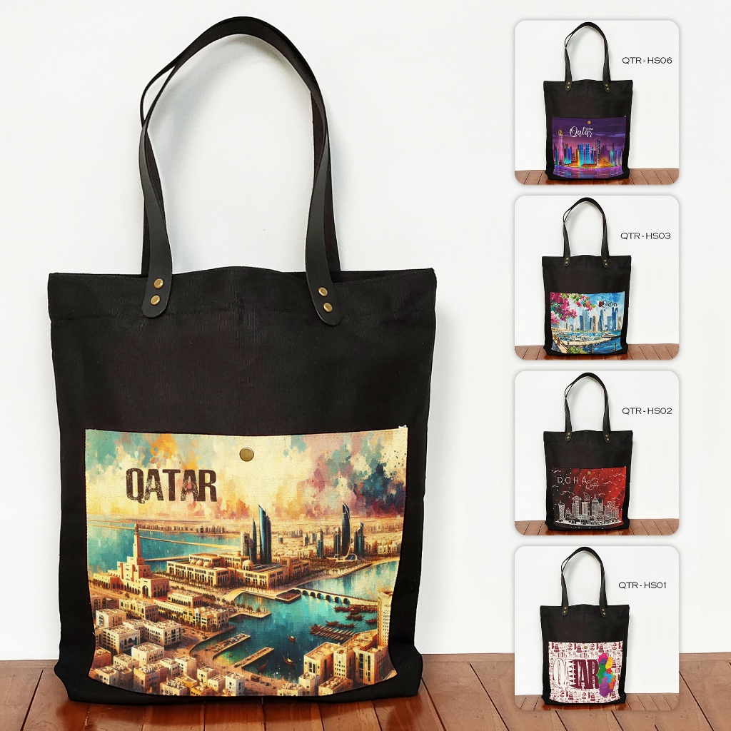 Jual Tote bag Canvas Hitam Saku Oleh Oleh Qatar Totebag Souvenir Qatar ...
