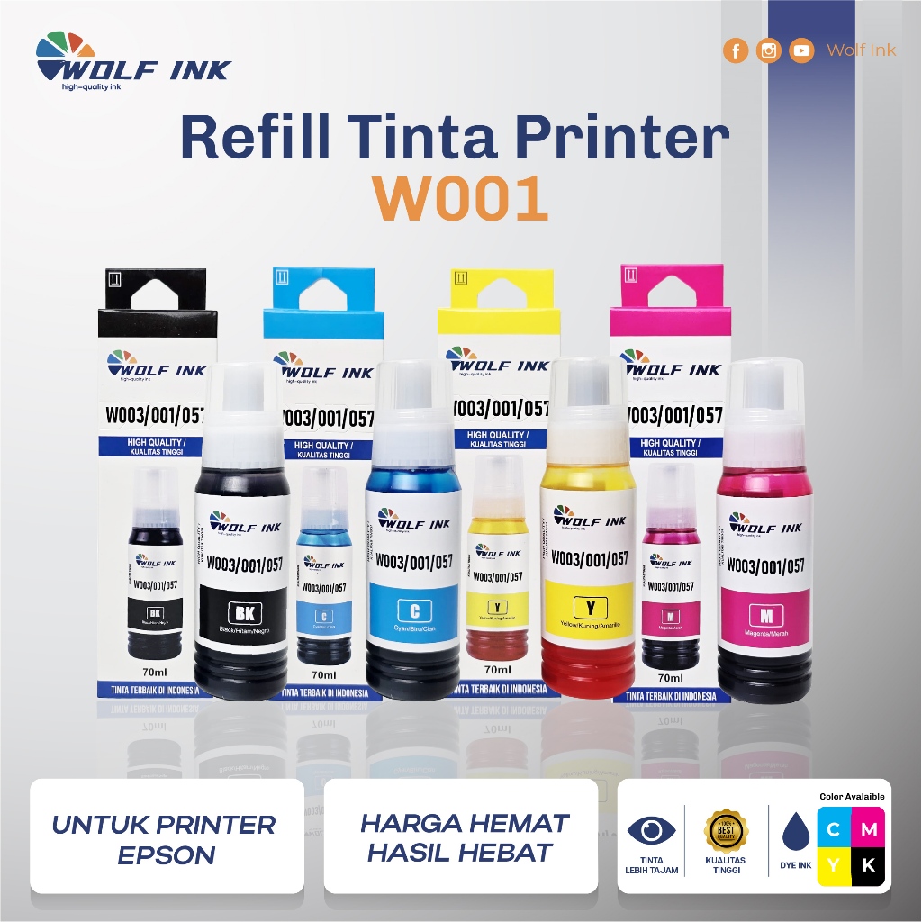 Jual 1 Paket Isi 4 Warna Tinta Printer Wolf Ink 001 Isi 70ml Untuk ...