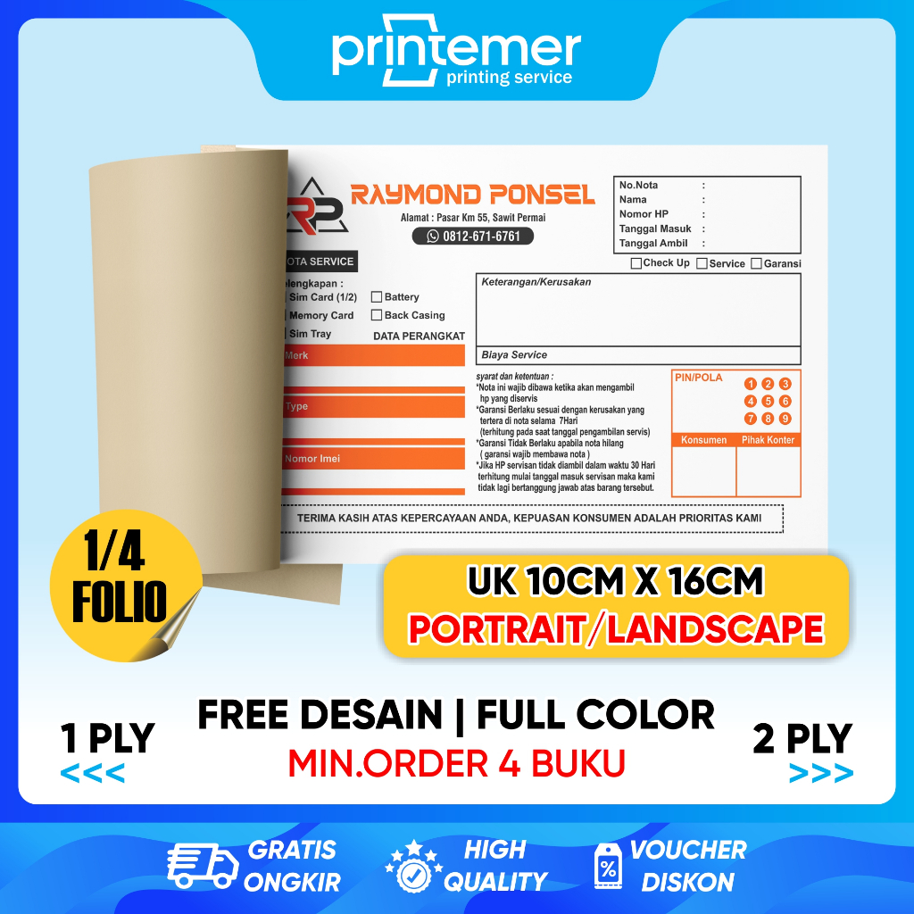 Jual Nota Toko Servis Handphone Custom Ukuran Standar 1/4 Folio 1 Ply ...